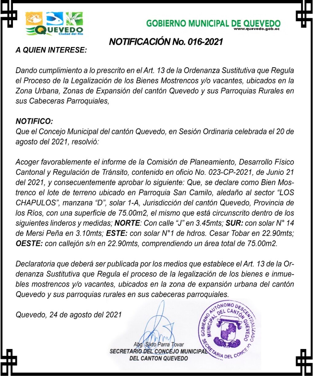Notificación No 016 GAD MUNICIPAL DE QUEVEDO - ALDIA | Noticias de Los Ríos, Ecuador y el mundo